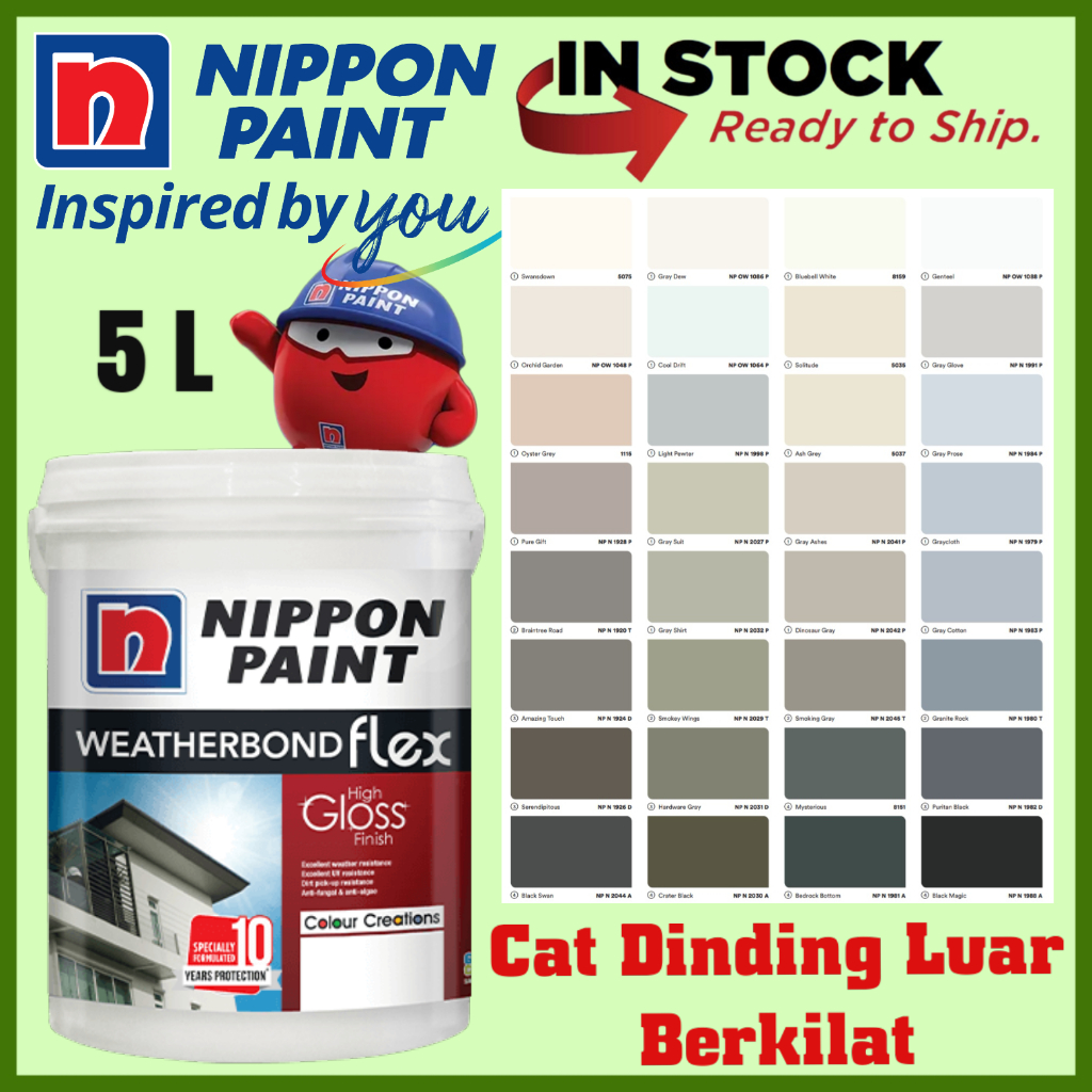SINAR 5 LITER NIPPON WEATHERBOND FLEX EXTERIOR SHEEN WALL PAINT /CAT ...