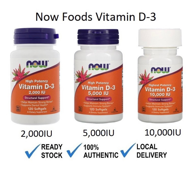 Now Foods, Vitamin D-3, Vitamin D3 High Potency, 2000iu / 5000iu, 120gels / 240 gels | Shopee ...