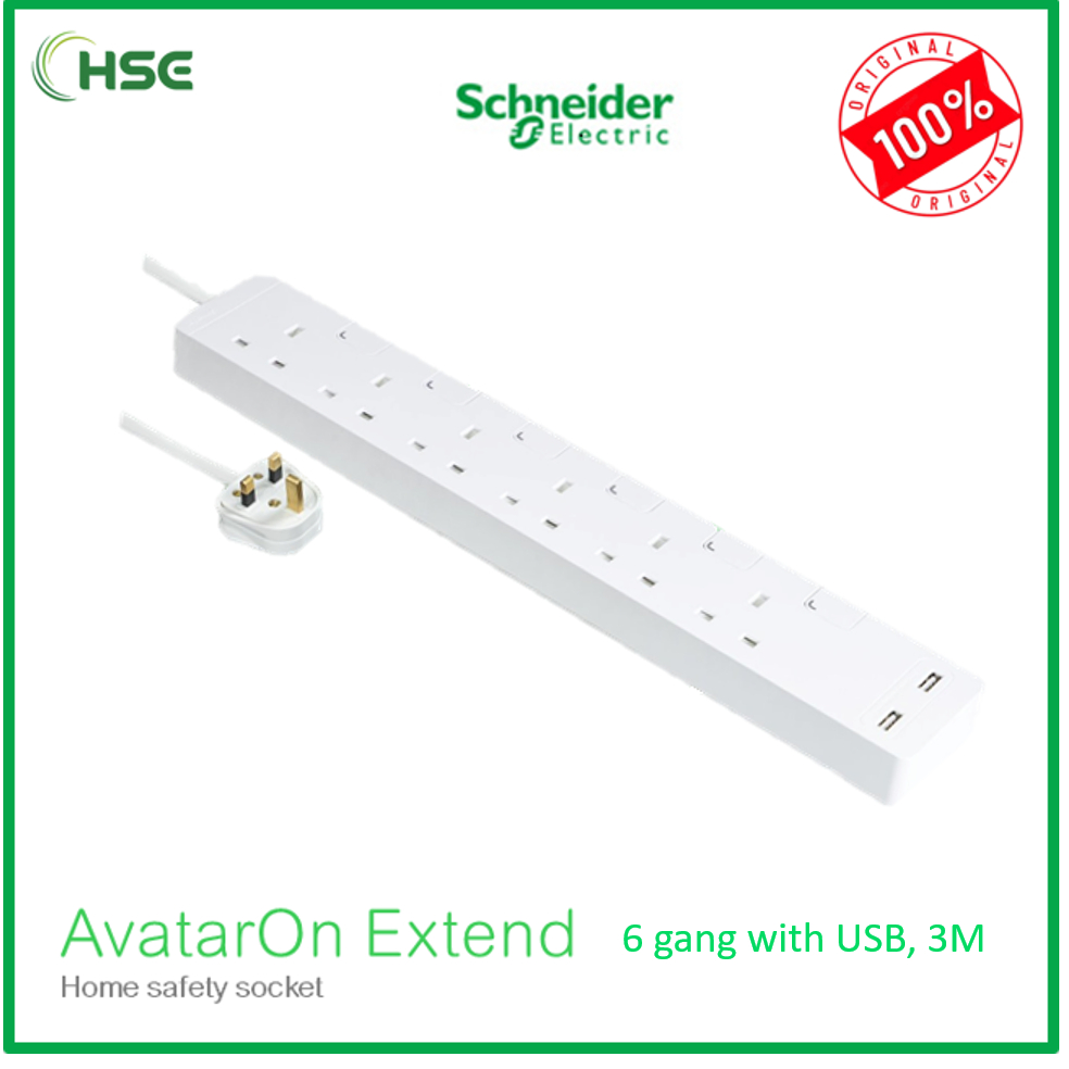 Schneider Electric AvatarOn Extend Trailing Socket 6 Gang 13A with 2 ...