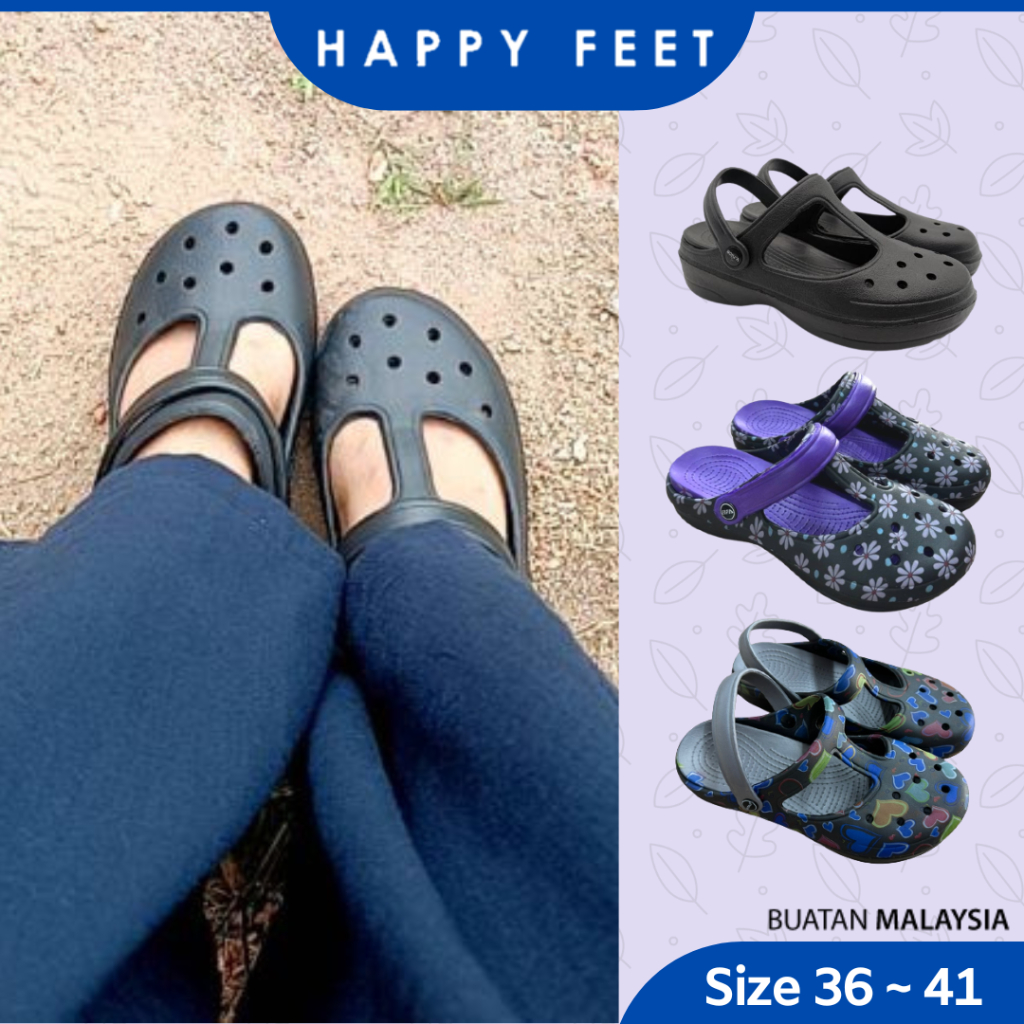 HAPPYFEET CROCS Wanita Hitam Ladies Croc Sandals with Strap Kasut Jelly ...