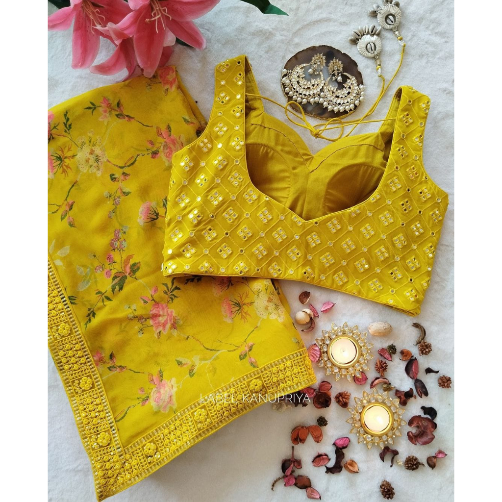 SUPER HIT YELLOW GEORGETTE FLORAL PRINT WITH SEQUENCE WORK DESIGNER ...