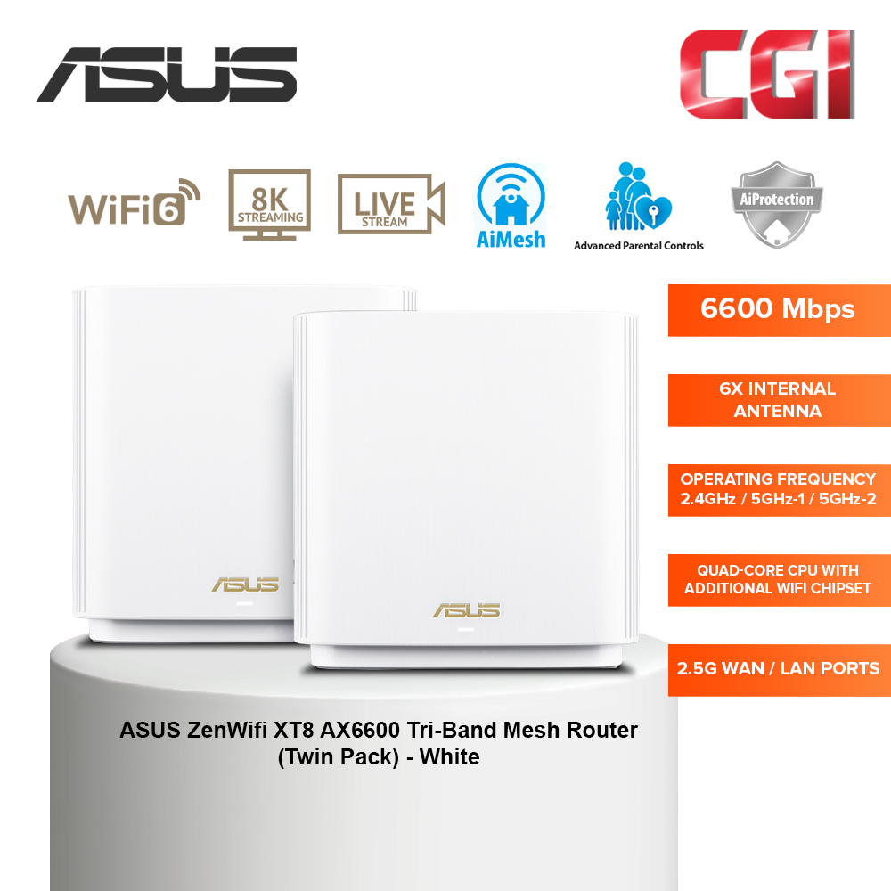 Asus ZenWiFi XT8 AX6600 WiFi 6 AiProtection Pro Alexa IFTTT Tri-Band ...