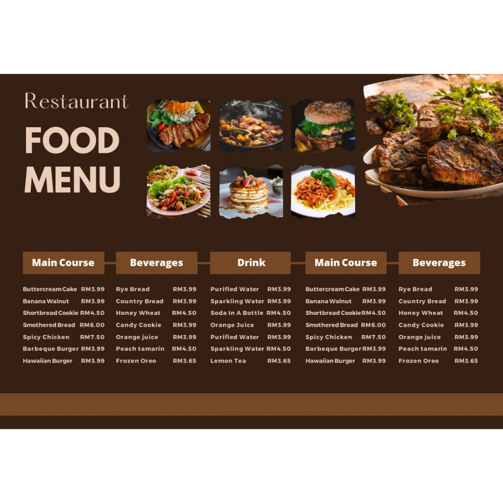 MENU LIST TEMPLATE [EDITABLE] Brown Creative Food Menu Landscape ...