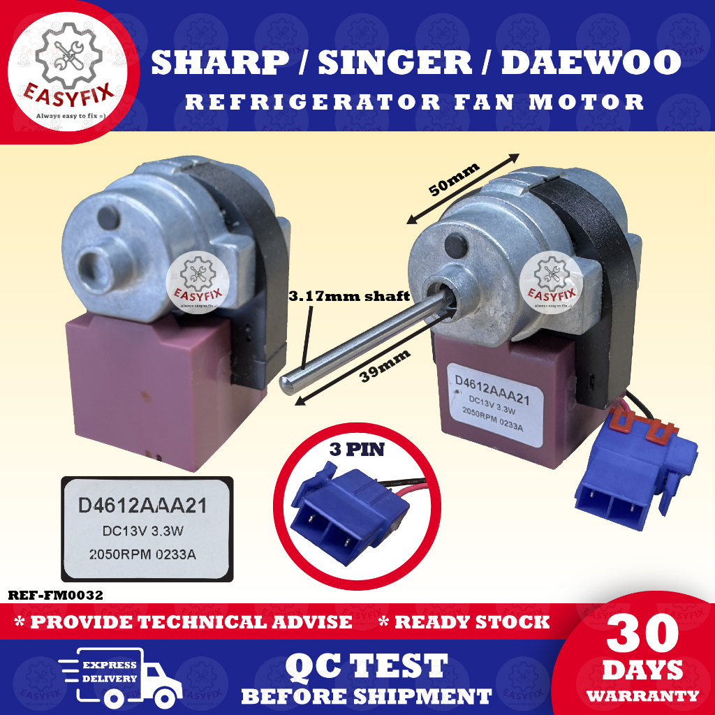 (DC13V) D4612AAA21 SHARP / SINGER / DAEWOO REFRIGERATOR FAN MOTOR PETI ...