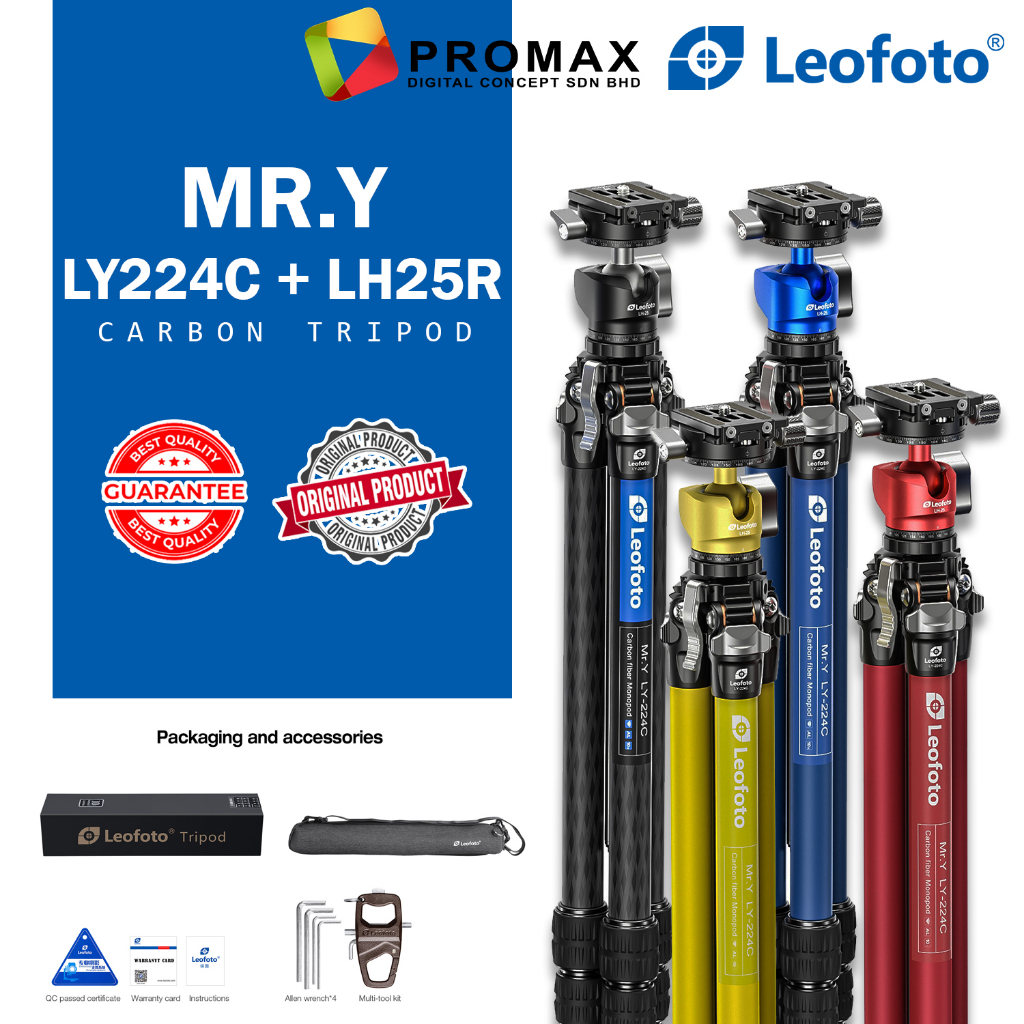 Leofoto MR.Y LY-224C + LH25R "Y" Shaped Center Column 4-section Carbon Fiber Tripod with ...