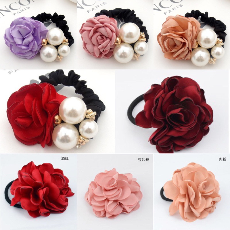Korea Rose Flower Pearl Hair Ties Rubber Band Elastic Bunga Getah ...