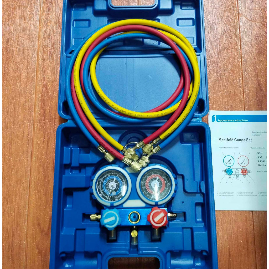 MANIFOLD GAUGE SET METER + 3PCS HOSE METER GAS KERETA PETI HOME CAR AIRCOND FRIDGE PRESSURE ...