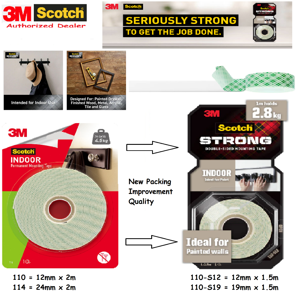 3M Scotch Strong Double Sided Indoor Mounting Tape 110 114 110-S12 110 ...