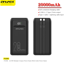Original Awei P169K 20000mAh Portable Powerbank Built-in Type-C Cables ...