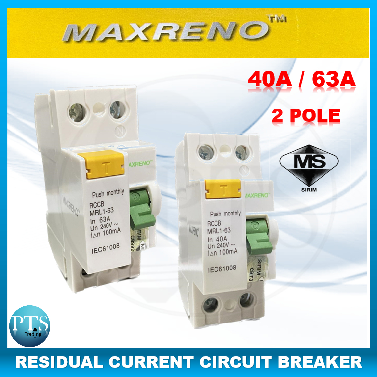 MAXRENO ELCB (RCCB) 40A 2Pole / 63A 2Pole - 100mA - Single Phase ...