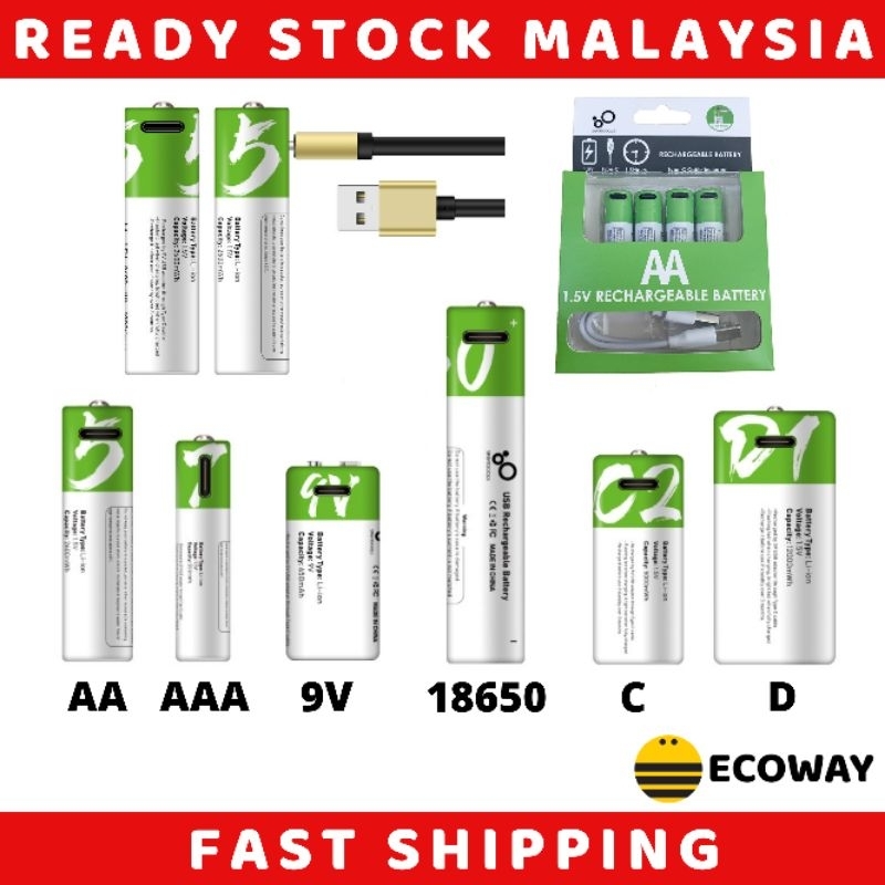 AA AAA C D 9V 18650 1.5v 3.7v Li-Ion Rechargeable Battery Type-C USB ...