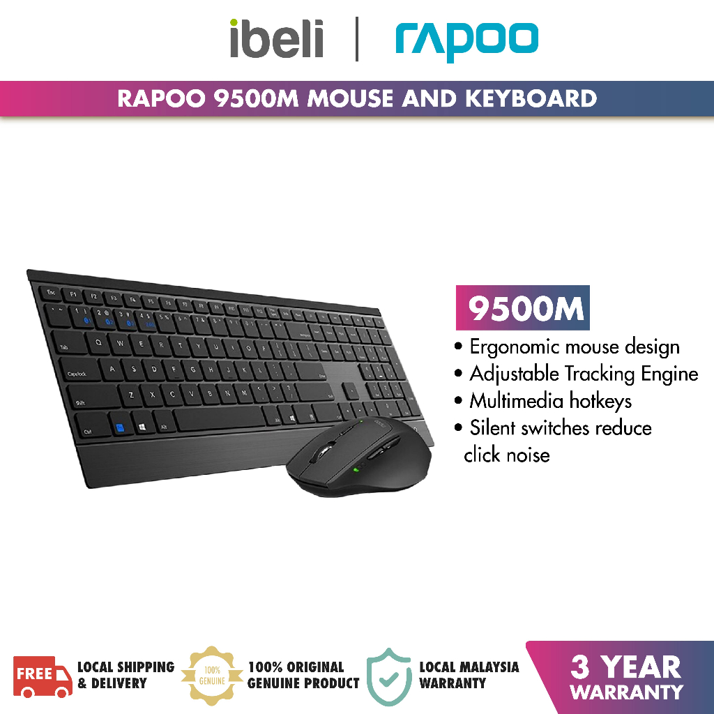 Rapoo 9500M Ultra Slim 2.4GHz Wireless / Bluetooth 3.0, 4.0 Multi Mode Mouse and Keyboard Combo ...