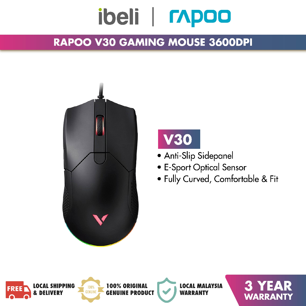Rapoo V30 IR Optical Wired Gaming Mouse 3600DPI / RGB Lighting - 3 Years Warranty | Shopee Malaysia