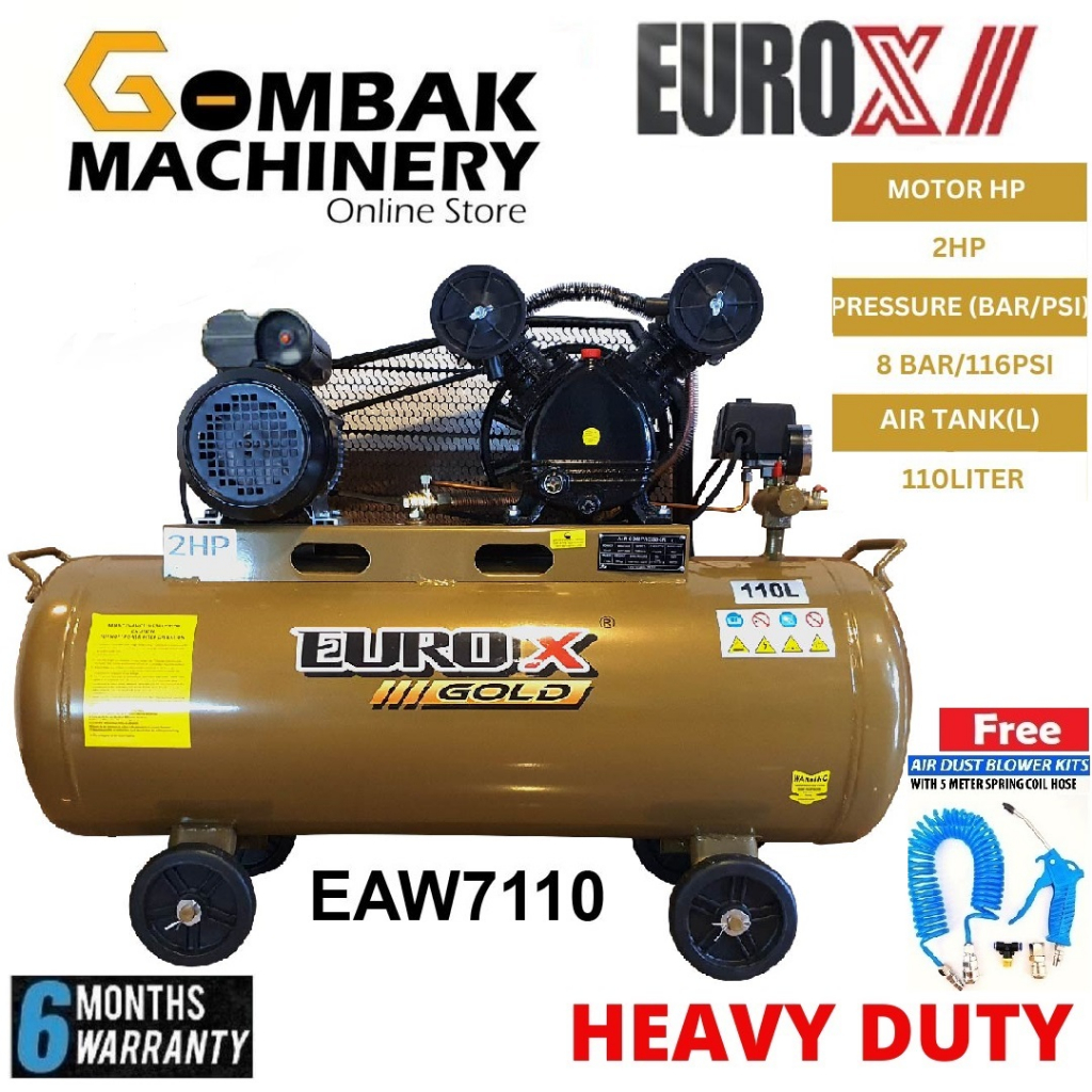 EUROX EAW7110G/EAZ82110 2HP 110Litre 8Bar/115psi Air Compressor Free Air duster & Hose - 6 ...