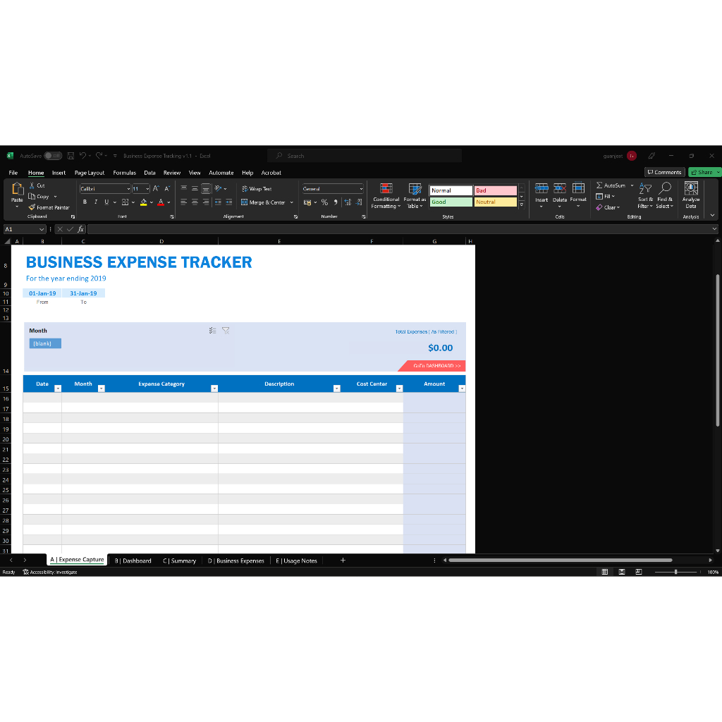 Excel Template - Business Expense Tracker with Summary Analysis (Free ...