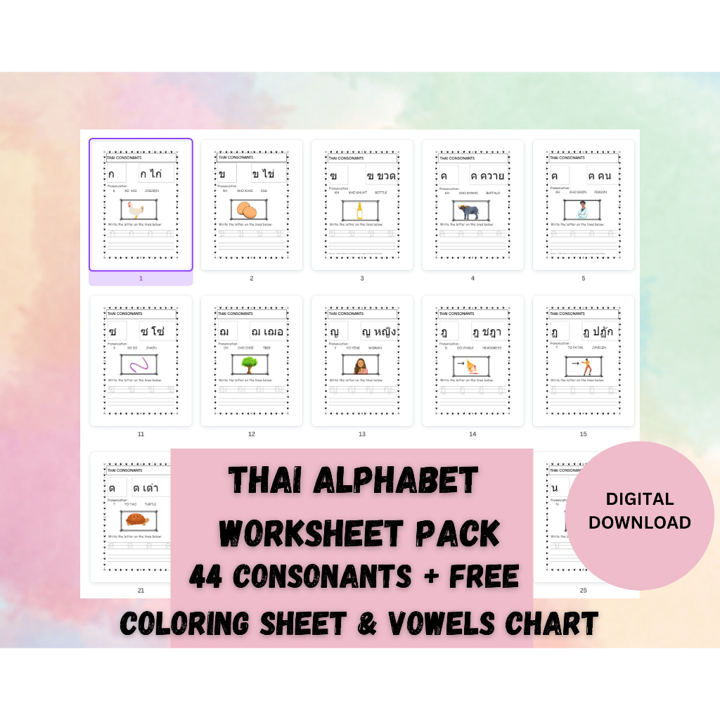 Thai Alphabet Worksheet Set| Latihan Belajar Bahasa Thai | Thai Tracing ...