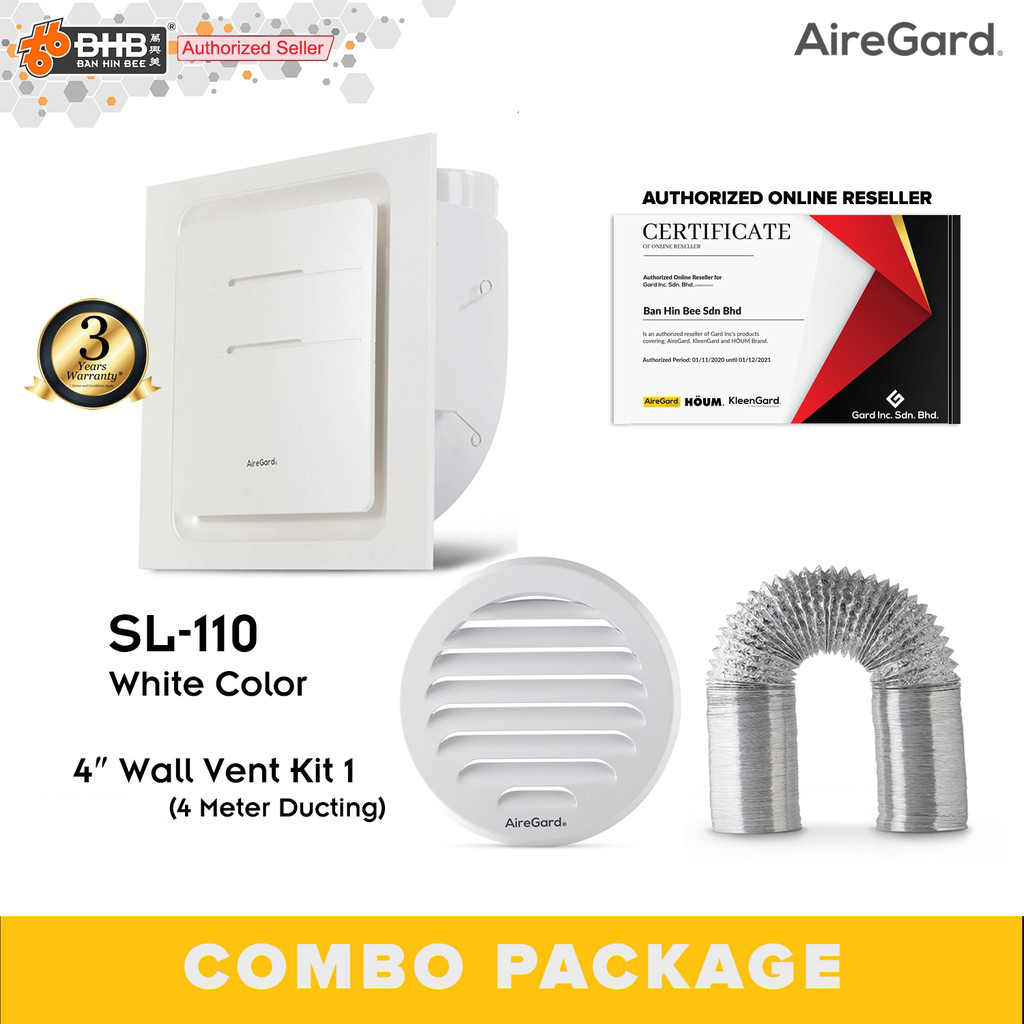 AireGard SL-110 Ventilation Exhaust Fan + Wall Vent Kit 4.0 Meter S ...