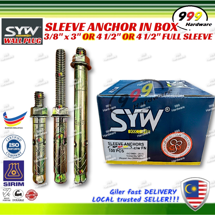 999 SYW 3/8x3 OR 4-1/2 OR 4-1/2" FULL SLEEVE WALL PLUG -BOX / ⌀12mm WALLPLUG / SLEEVE ANCHOR ...