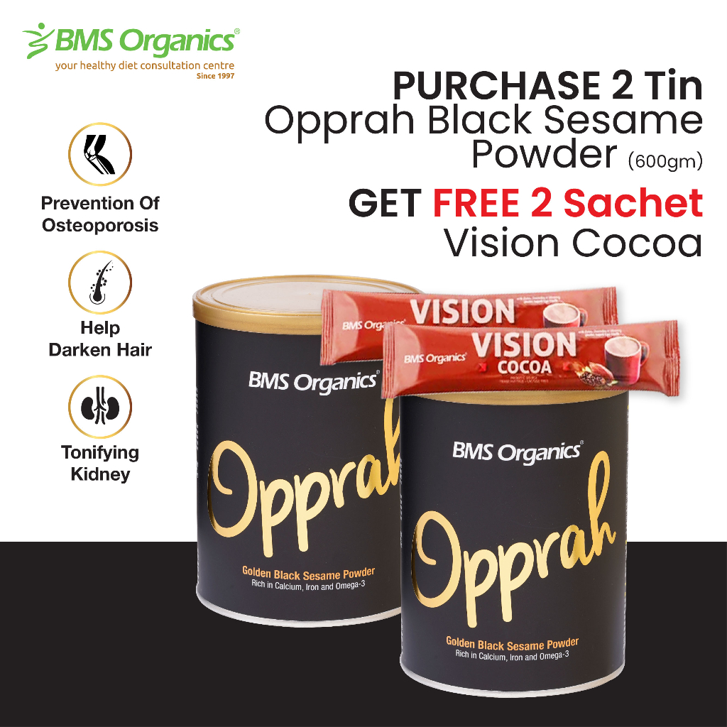 2 Tins of BMS Organics- Opprah Black Sesame Powder 600g (Free 2 sachet ...