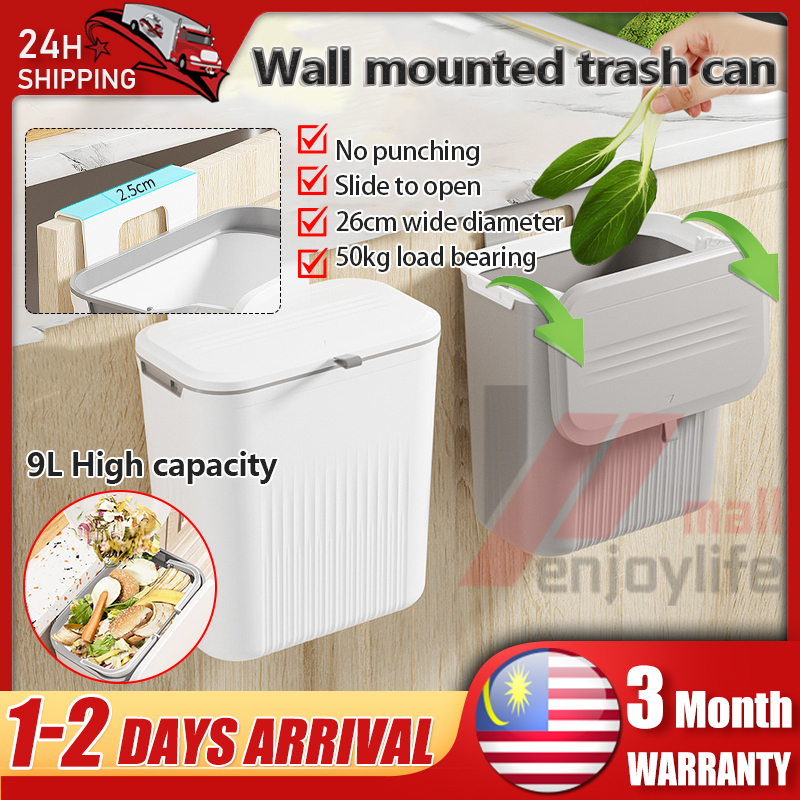 9L Kitchen Hang Dustbin Wall Mounted Adhesive Hook Rubbish Bin with ...