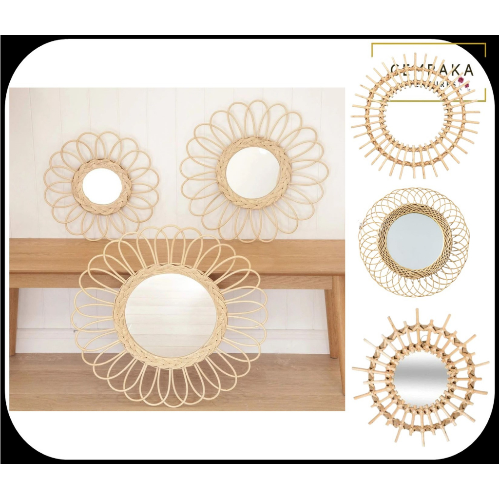 Nordic Deco Mirror Round Rattan Mirror Wall Deco Decoration 2023 Cermin ...