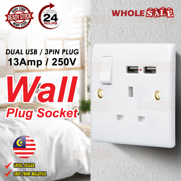 13A Fast Charging 3 Pin Plug Wall Socket with Dual USB Charging Ports ...