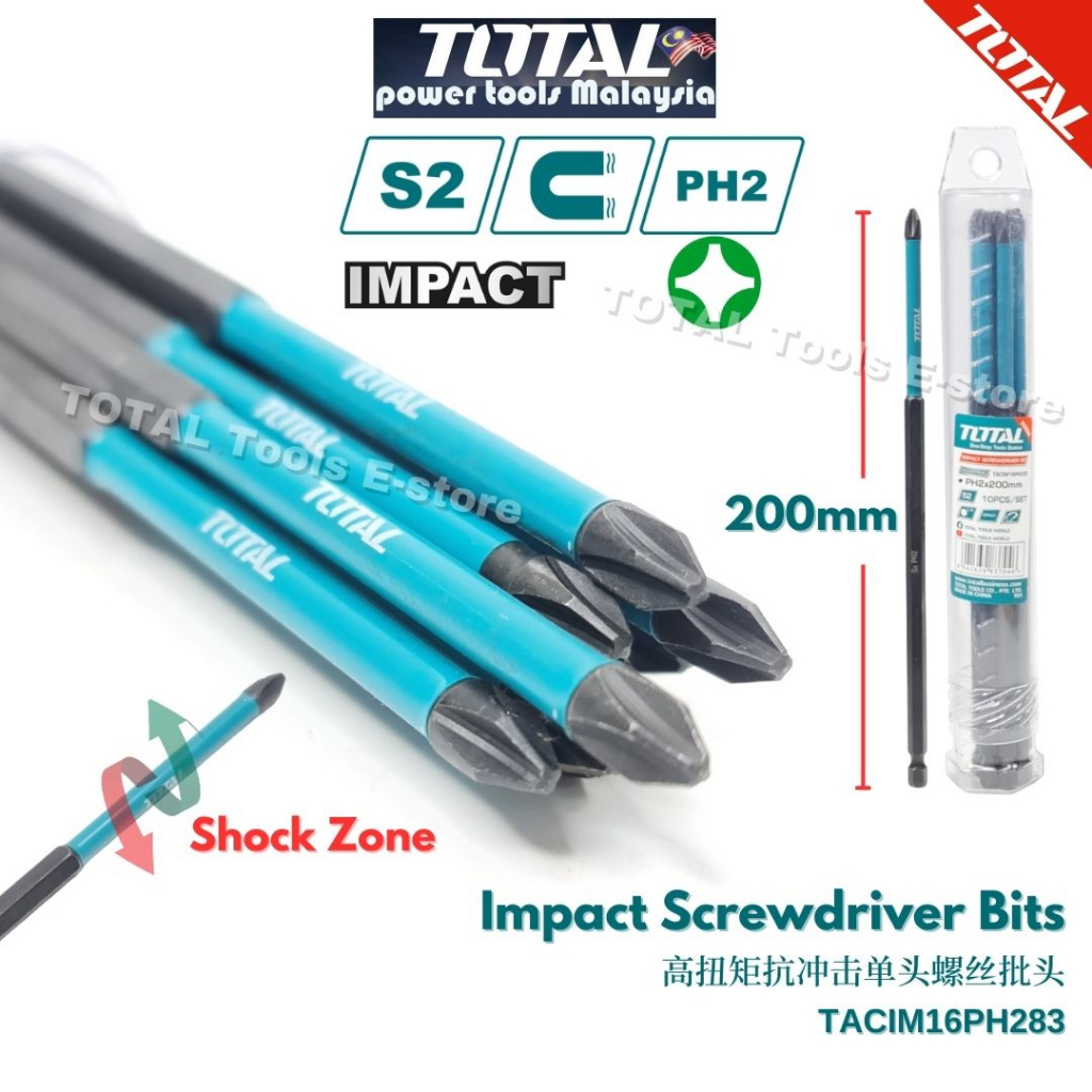 TOTAL Impact screwdriver bits / Power bits ( PH2 + 200mm ) 高扭矩抗冲击单头螺丝批头 ...