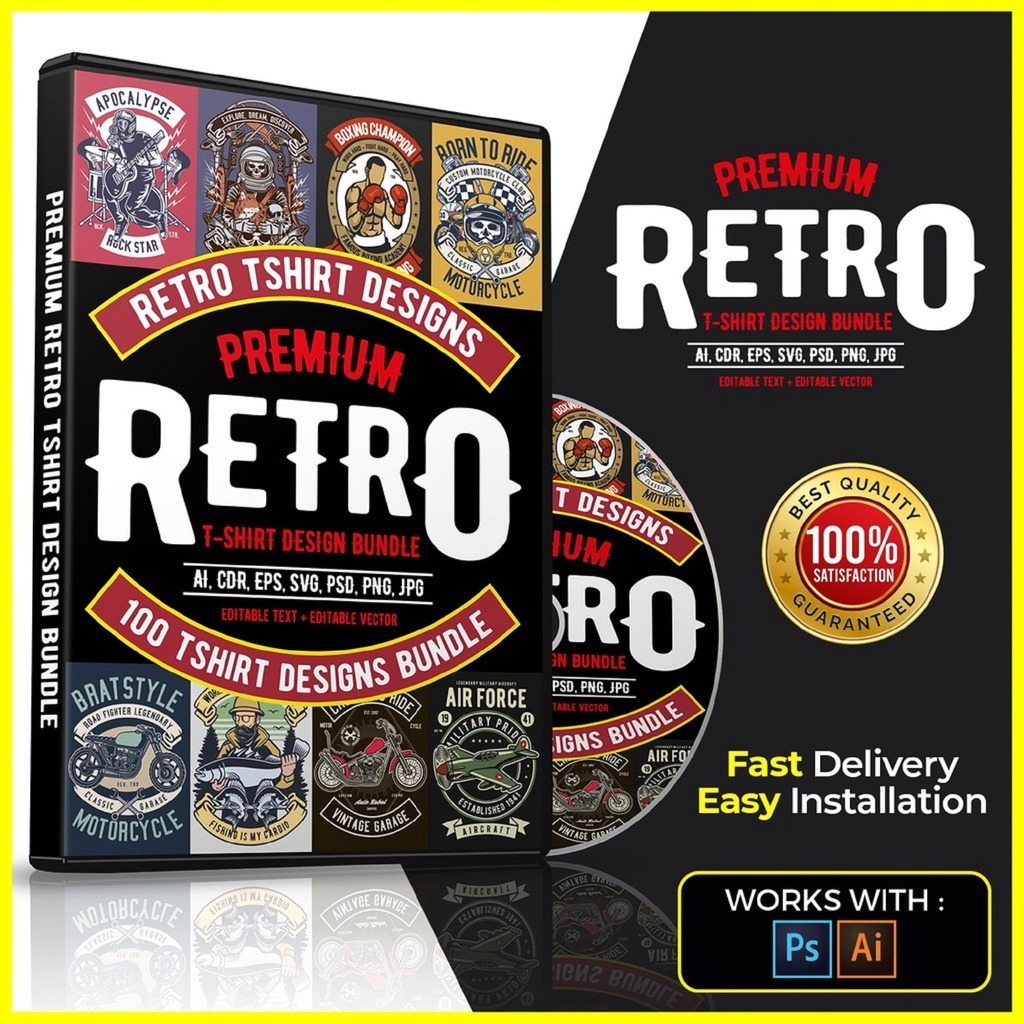 100 Retro Tshirt Designs Bundle [ AI, CDR, EPS, SVG, PSD, PNG, JPG ...
