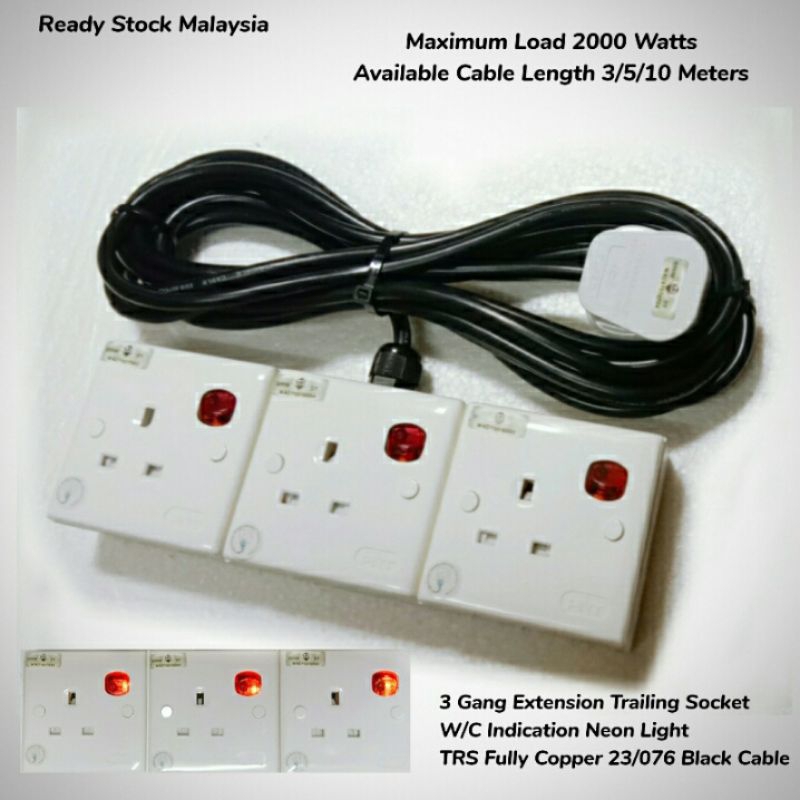 3 Gang Extension Trailing Socket Trs Black Cable W C Indication Neon Light Shopee Malaysia