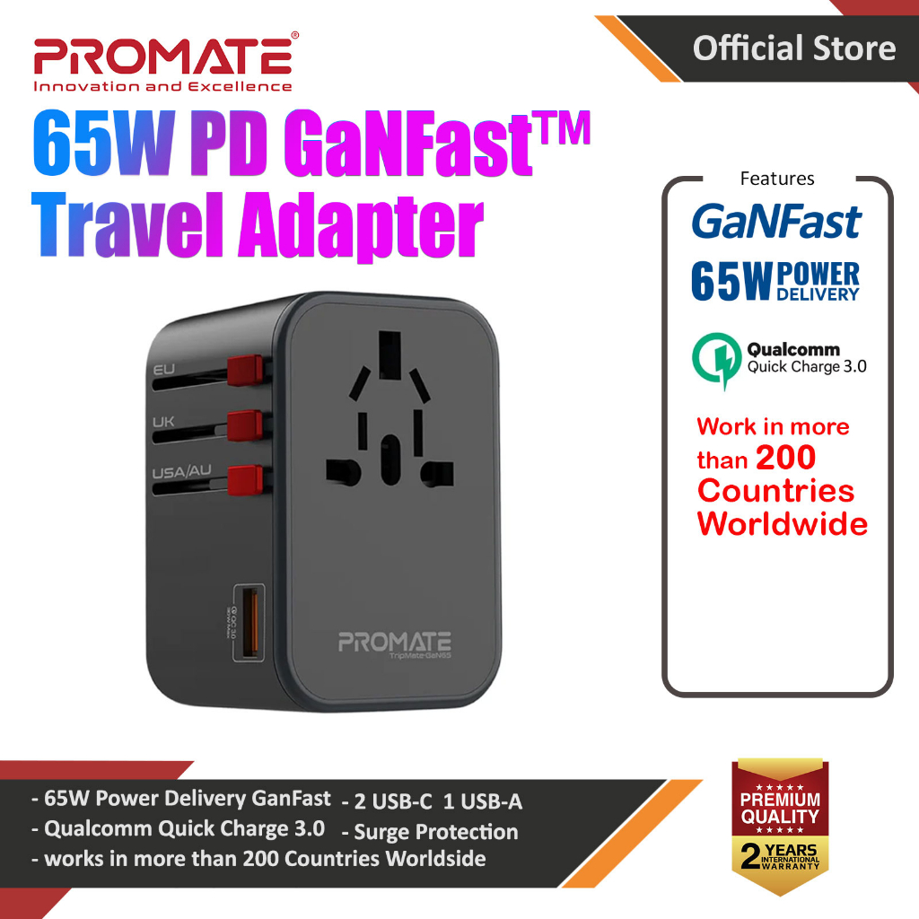 Promate Charging Surge Protected Universal Travel Adapter Charger USB C ...