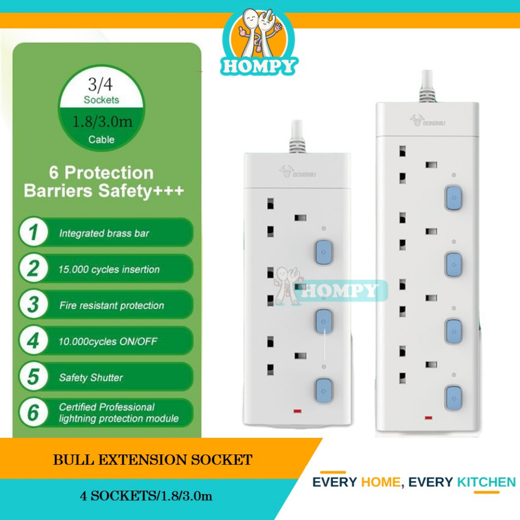 Bull Power Strip Surge Protector Overload protection 3/4 Gang Extension ...