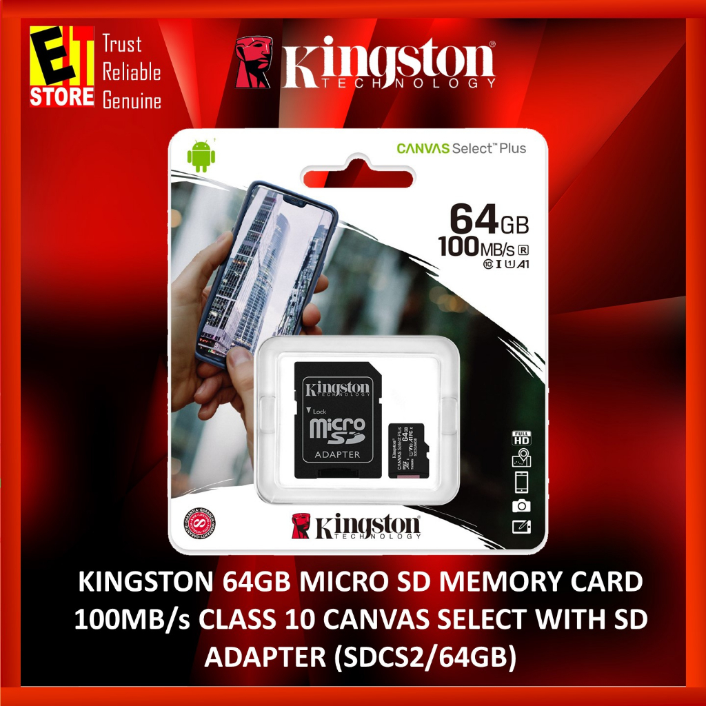 KINGSTON 64GB /128GB/ 256GB MICRO SD CARD 100MB/s CL10 CANVAS SELECT WITH SD ADAPTER (SDCS2/64GB ...
