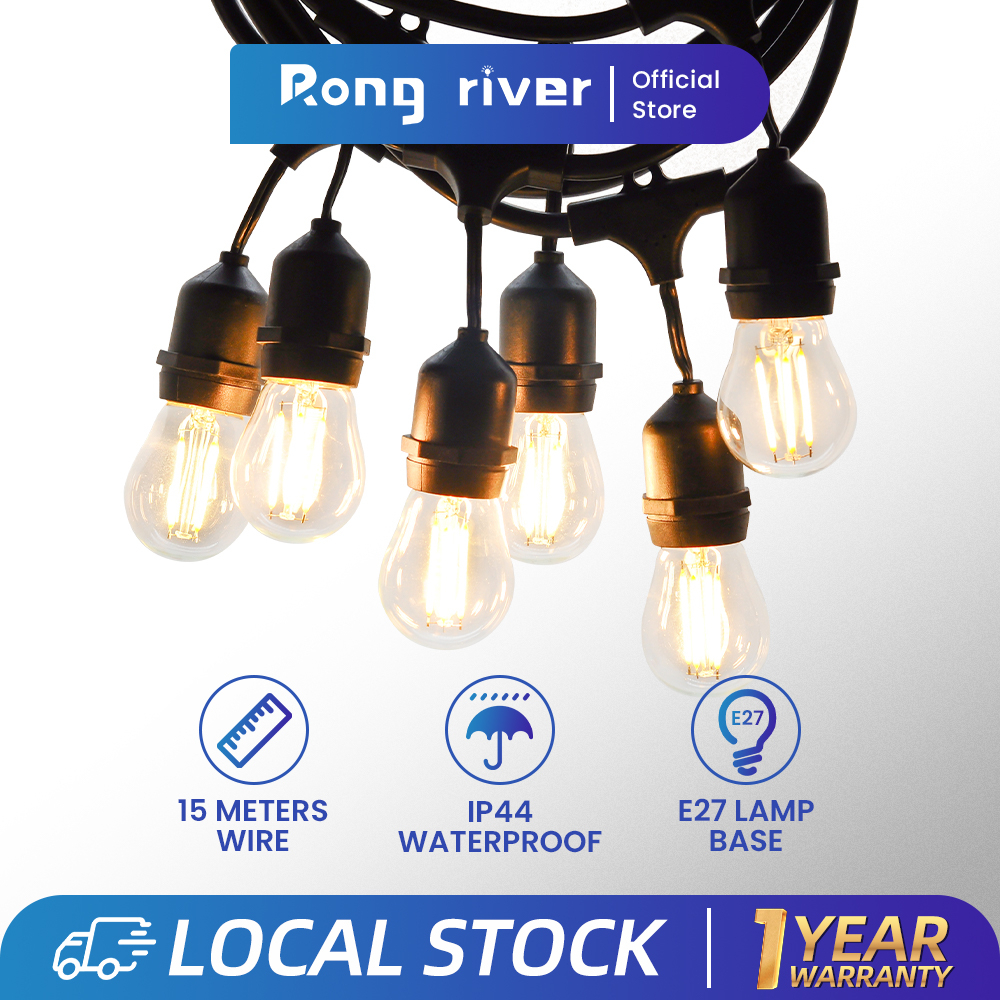 RONG RIVER 16FT/48FT Outdoor String Light 10/15 PCS 2W Warm Bulbs ...