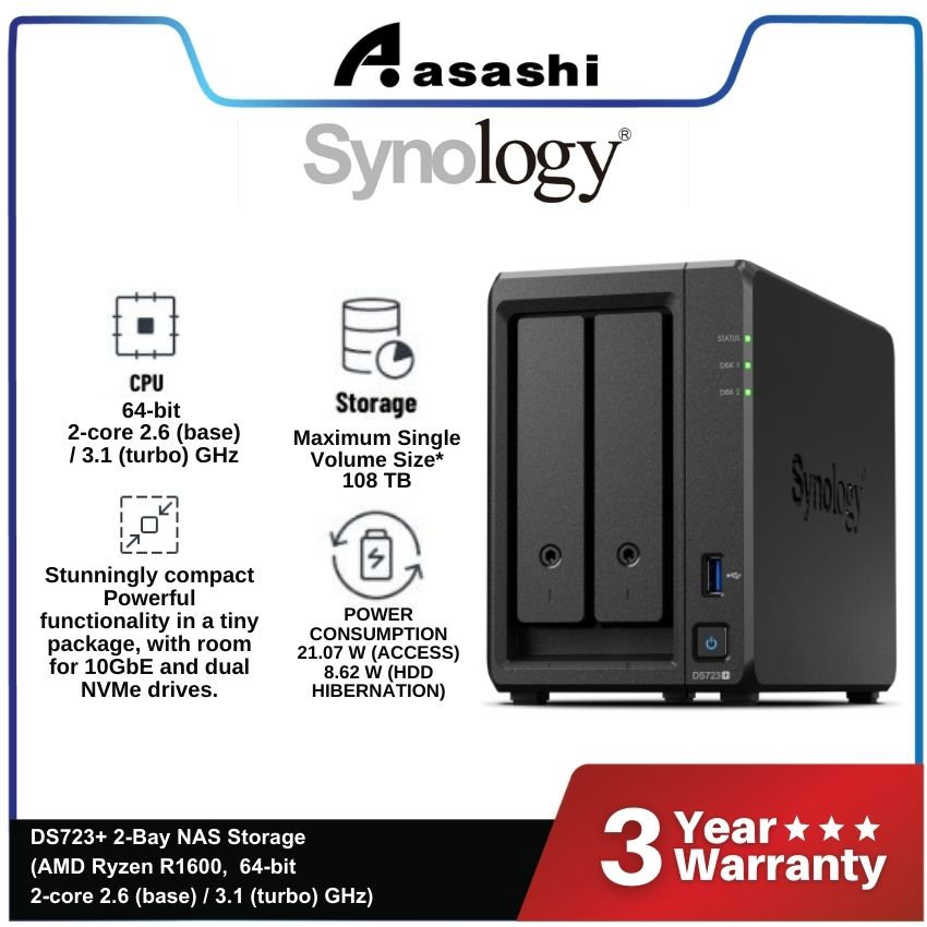 Synology DS723+ 2-Bay NAS Storage (AMD Ryzen R1600 Dual Core 2.6Ghz up ...