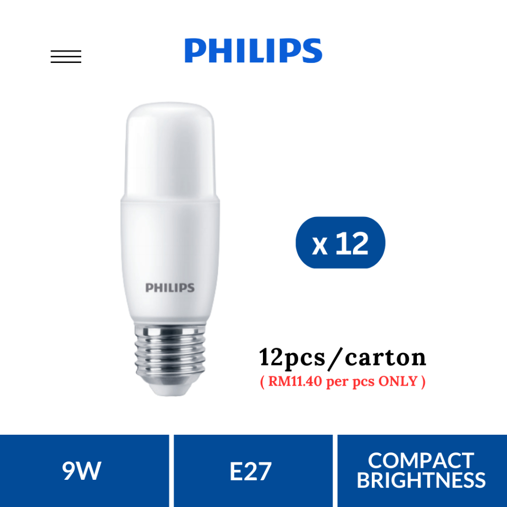PHILIPS LED Stick Bulb Essential 9W 11W ( 3000K | 4000K | 6500K ) (12 ...