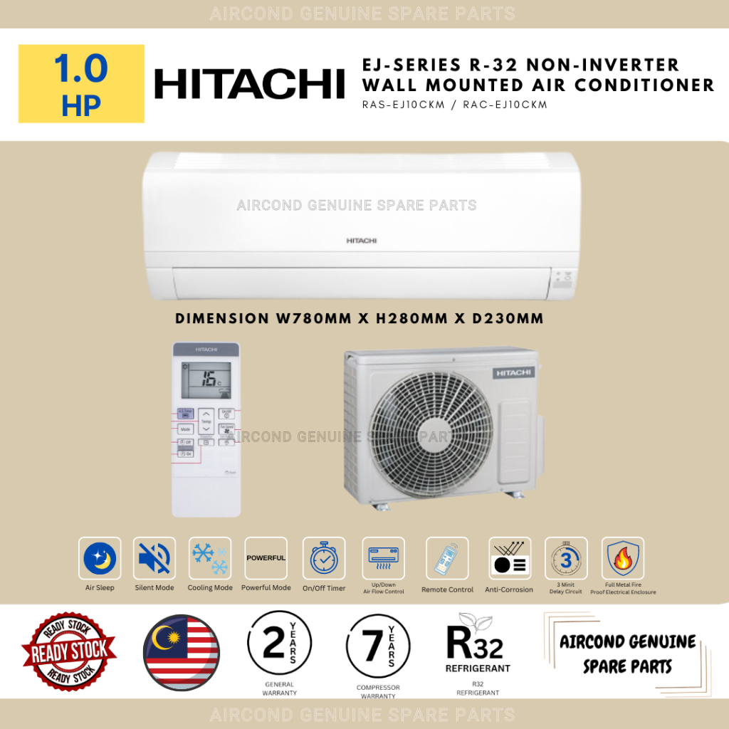 HITACHI 1.0HP (1.0 HORSE POWER) EJ-SERIES NON-INVERTER STANDARD WALL ...