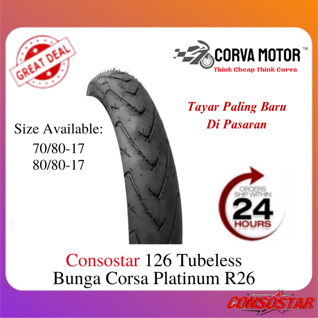 Corva Motor Consostar Tayar Motosikal Tubeless Cs126 70/80-17 80/80-17 ...