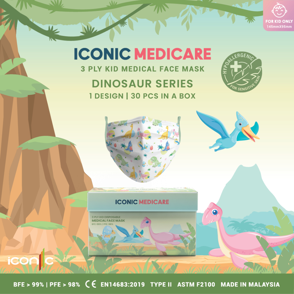 Iconic [3ply Kid 4-12yrs] Dinosaur Medical Disposable Face Mask Type ...