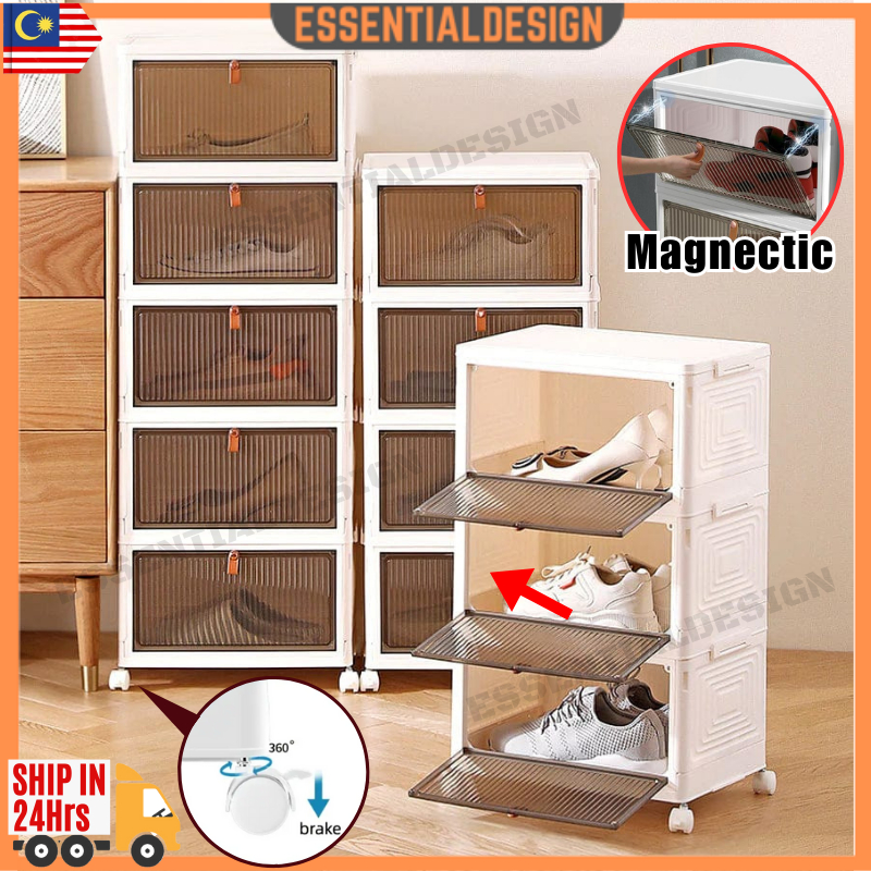 4/5/6 Layers Foldable Shoes Storage Box Wheels Interlock Side Open ...