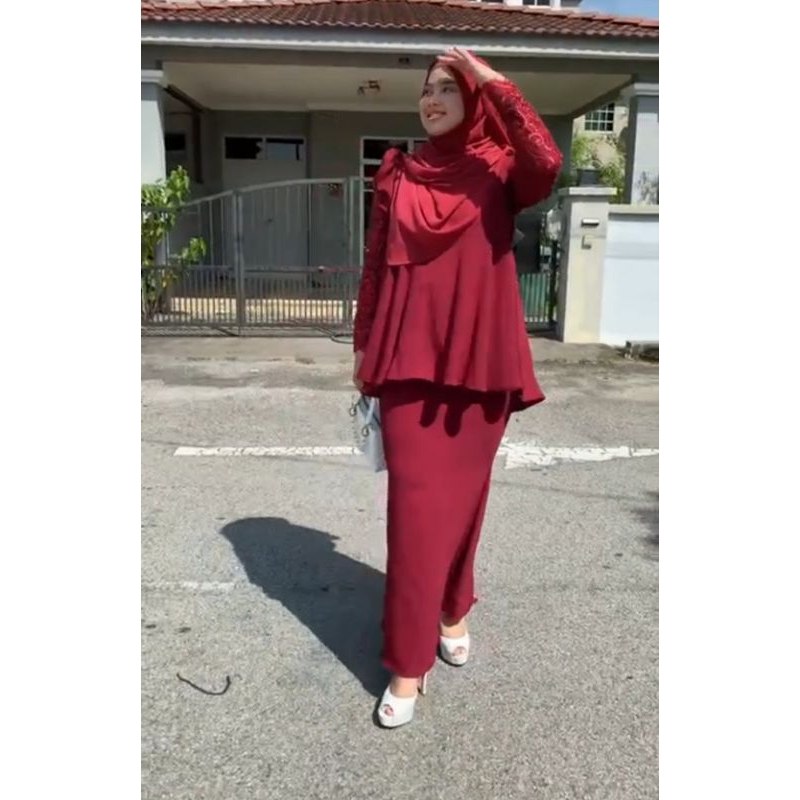 BAJU KURUNG RAYA DOLL LACE PUFF MAROON IRONLESS MURAH PLUS SIZE ...