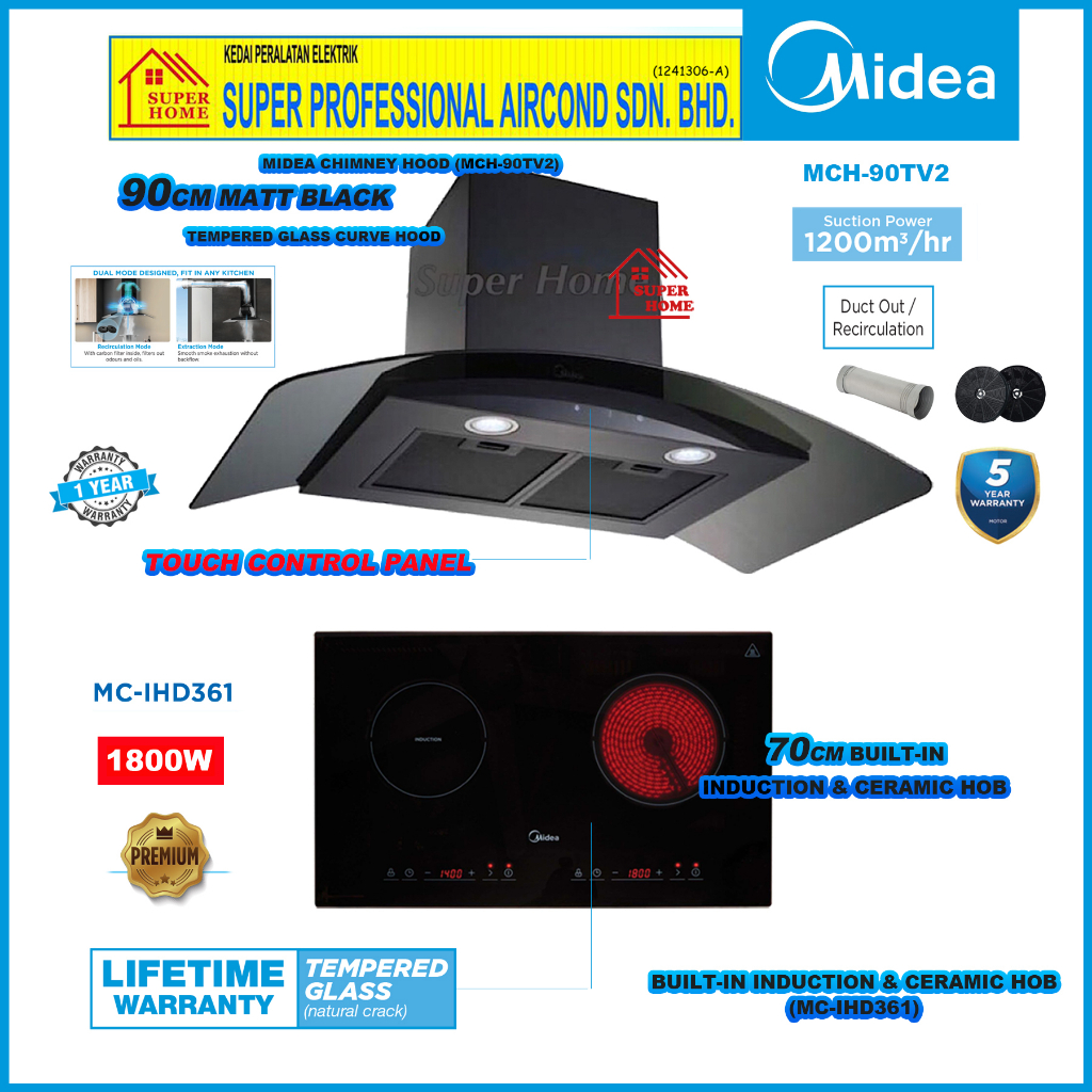 Midea Chimney Hood MCH-90TV2 Curve Cooker Hood / Midea MC-IHD361 Built ...