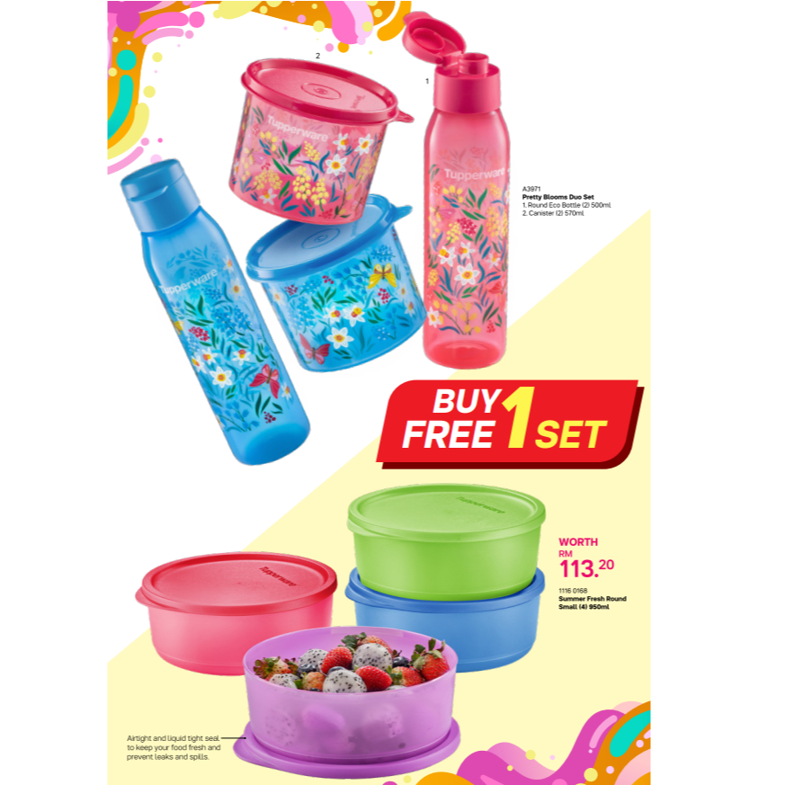 ⭐LIMITED EDITION⭐ Tupperware Pretty Blooms Set / Round Eco Bottle 500ml / Canister 570ml ...