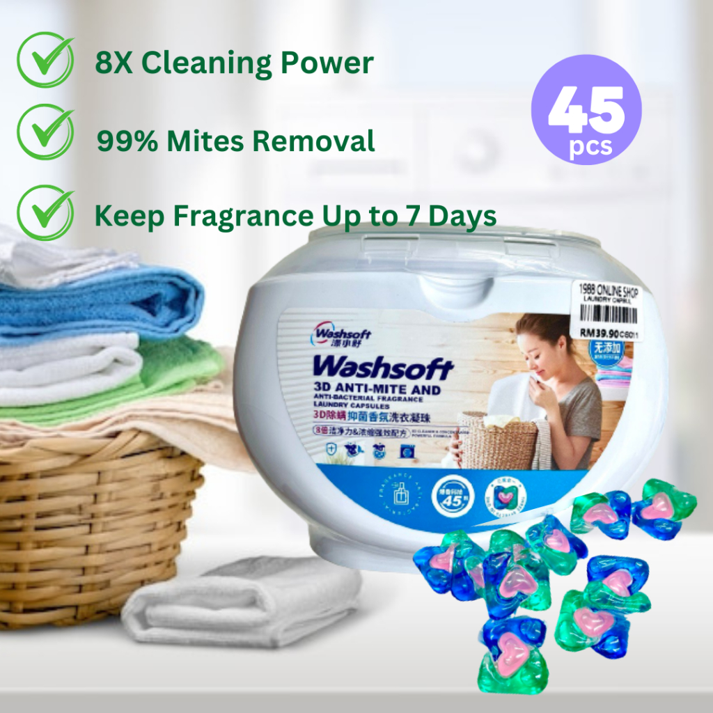 Washsoft 3 in 1 laundry capsule beads pod gel detergent sabun basuh ...