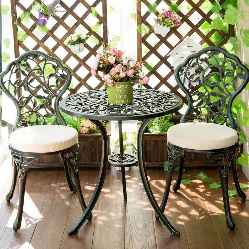 Cast aluminum table and chair sets of three, four, and five pieces in a casual European style ...