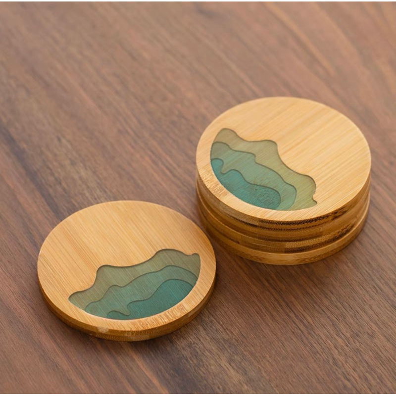 1Set 6Pcs Bamboo wood Coaster with resin pelapik cawan minuman kayu ...