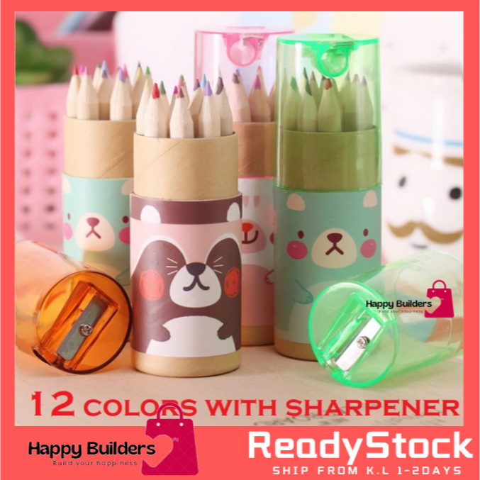 12 Color Pencil Set with Sharpener pensel warna 12 colours colors pen ...