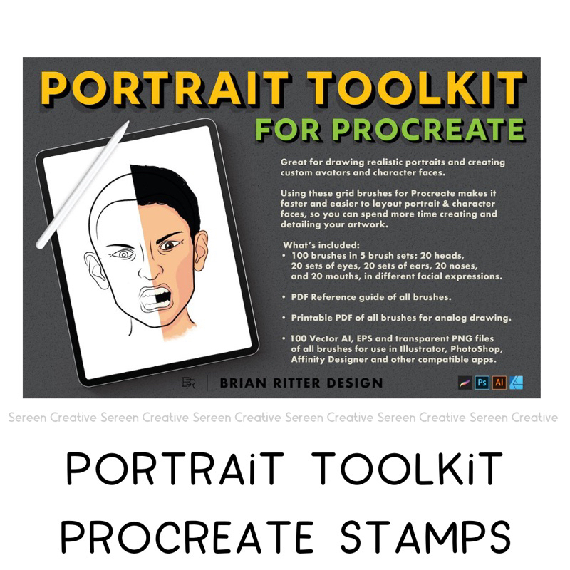 P442 Portrait Toolkit for Procreate, Photoshop, Illustrator (Head, eye, noses, ear, mouth ...