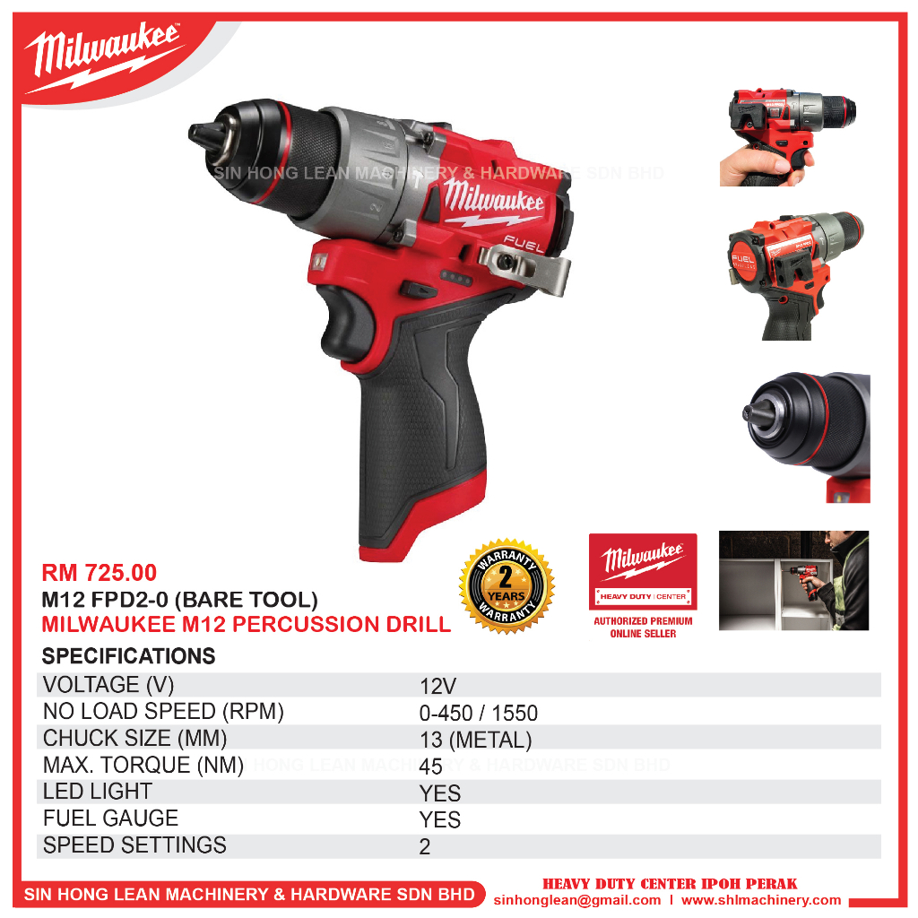MILWAUKEE M12 FPD2-0 ASIA FUEL GEN III 13MM PERCUSSION DRILL / DRIVER ...