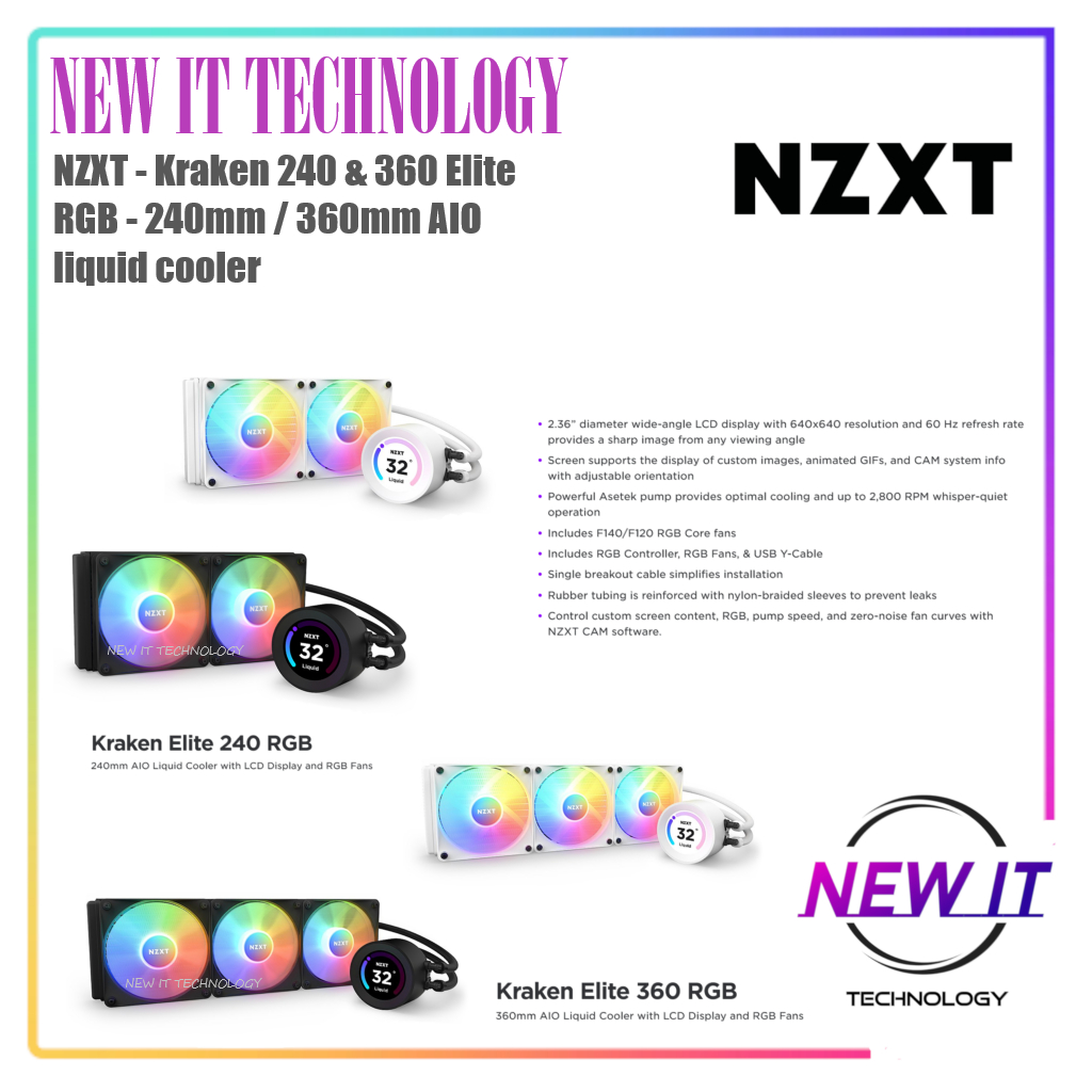 Nzxt Kraken Elite Rgb & Kraken Elite Rgb V2 240 / 360 Aio Desktop PC Liquid Cooler Lcd Display ...