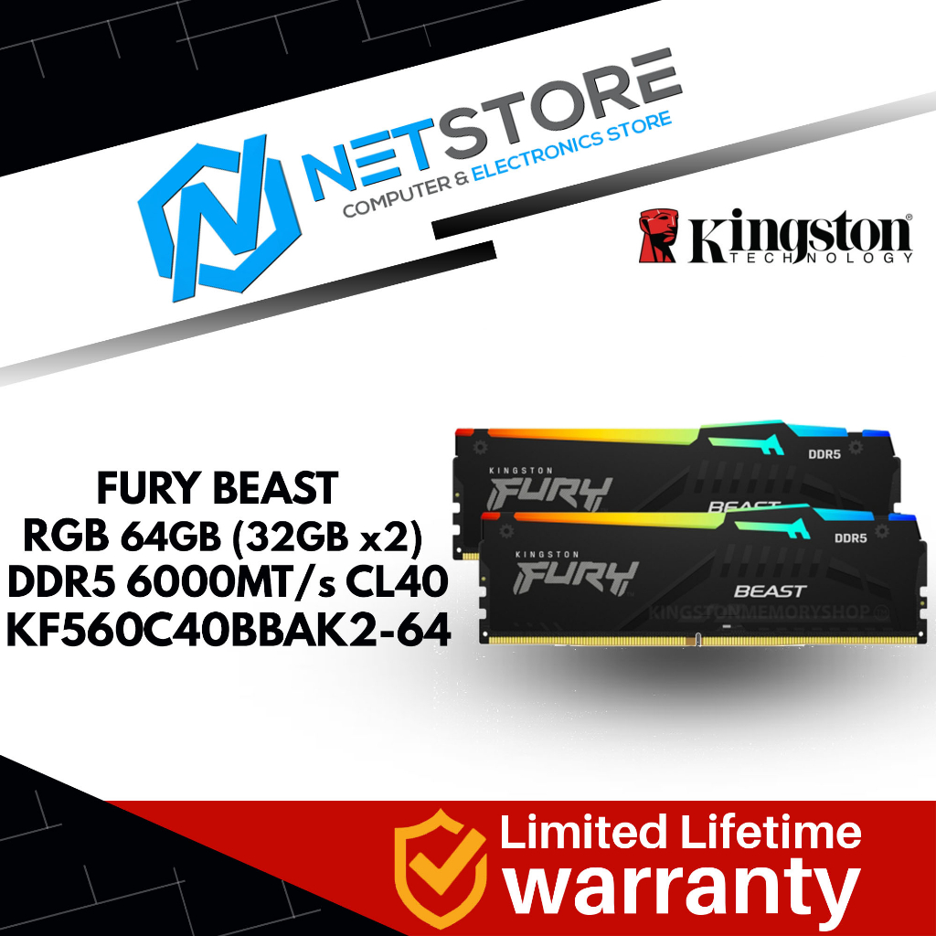 KINGSTON FURY BEAST RGB 64GB 6000MT/s DDR5 CL40 DIMM (Kit of 2) DESKTOP MEMORY - KF560C40BBAK2 ...